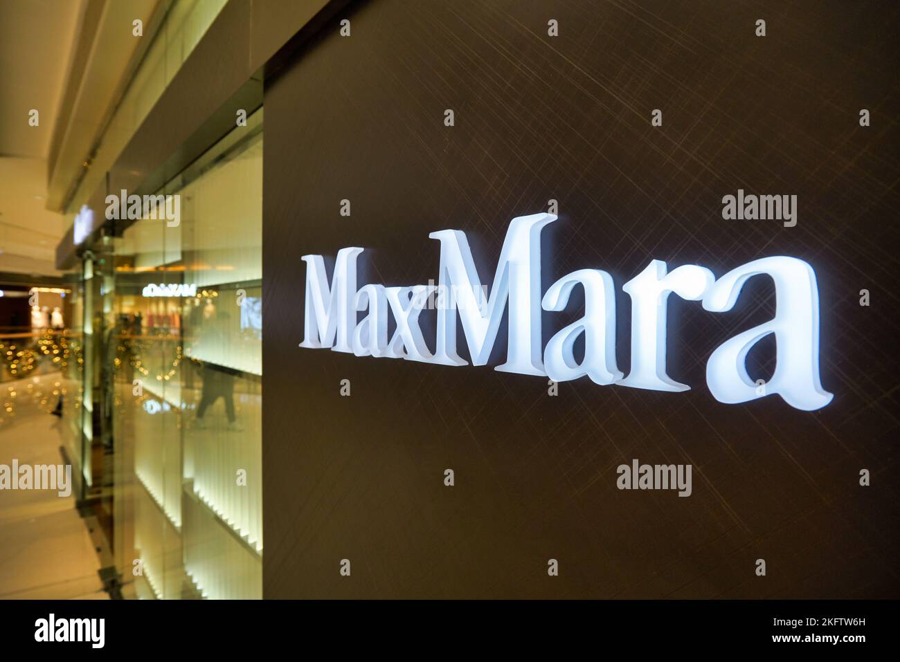 HONG KONG, CHINA - CIRCA DECEMBER, 2019: close up shot of Max Mara sign ...