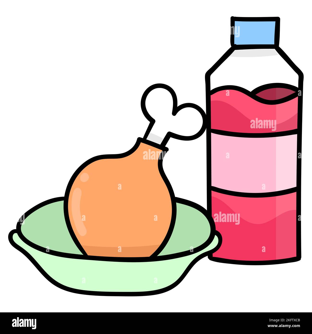 A doodle vector illustration of a fried chicken thigh and a bottle of ...