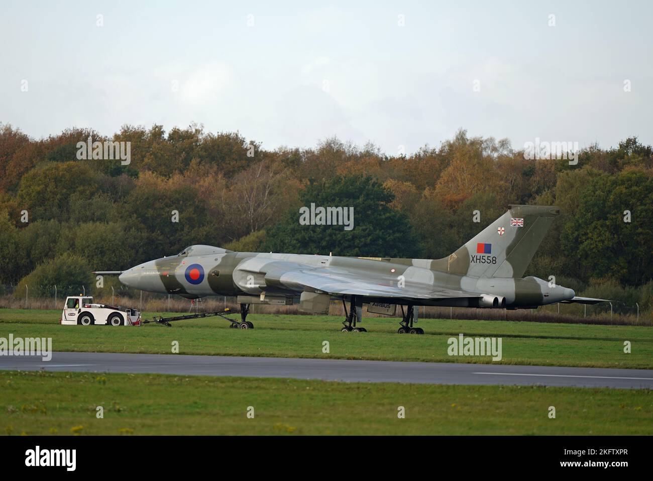 The Vulcan bomber XH558 is towed out to the runway ahead of its last ...
