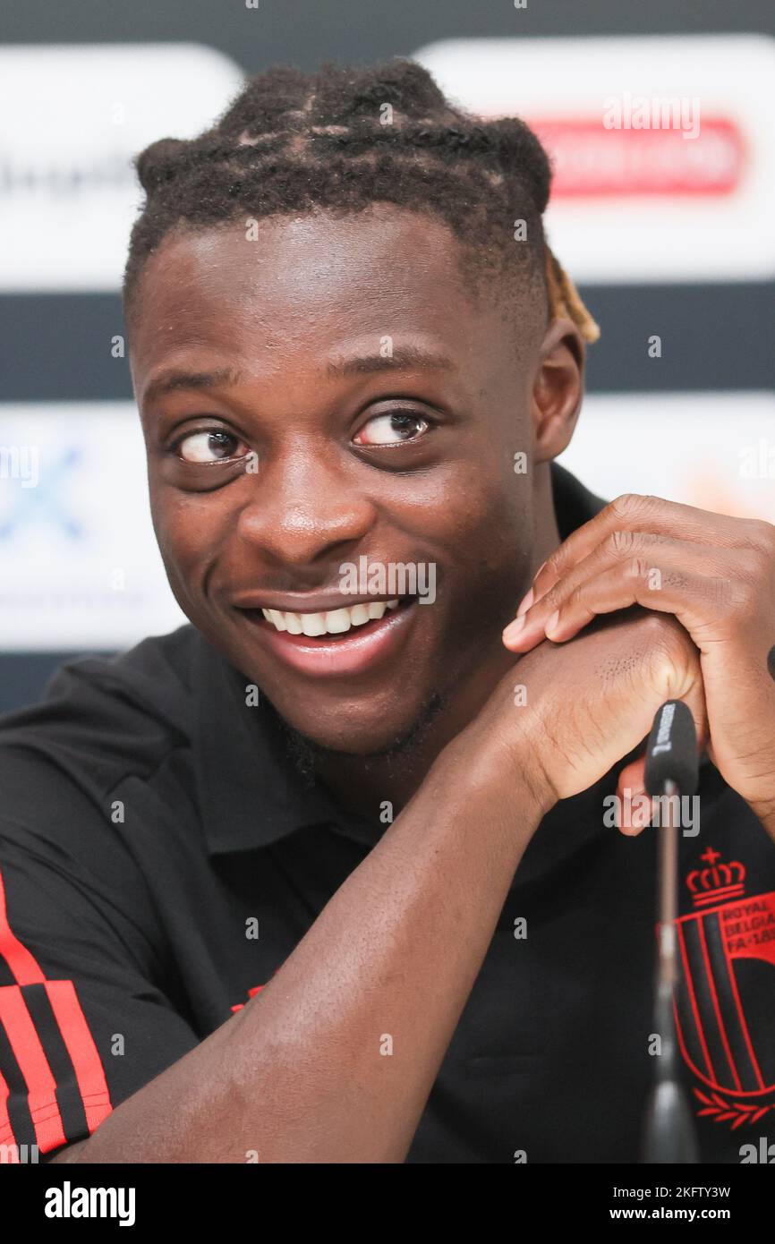 Belgium's Jeremy Doku pictured during a press conference of the Belgian ...