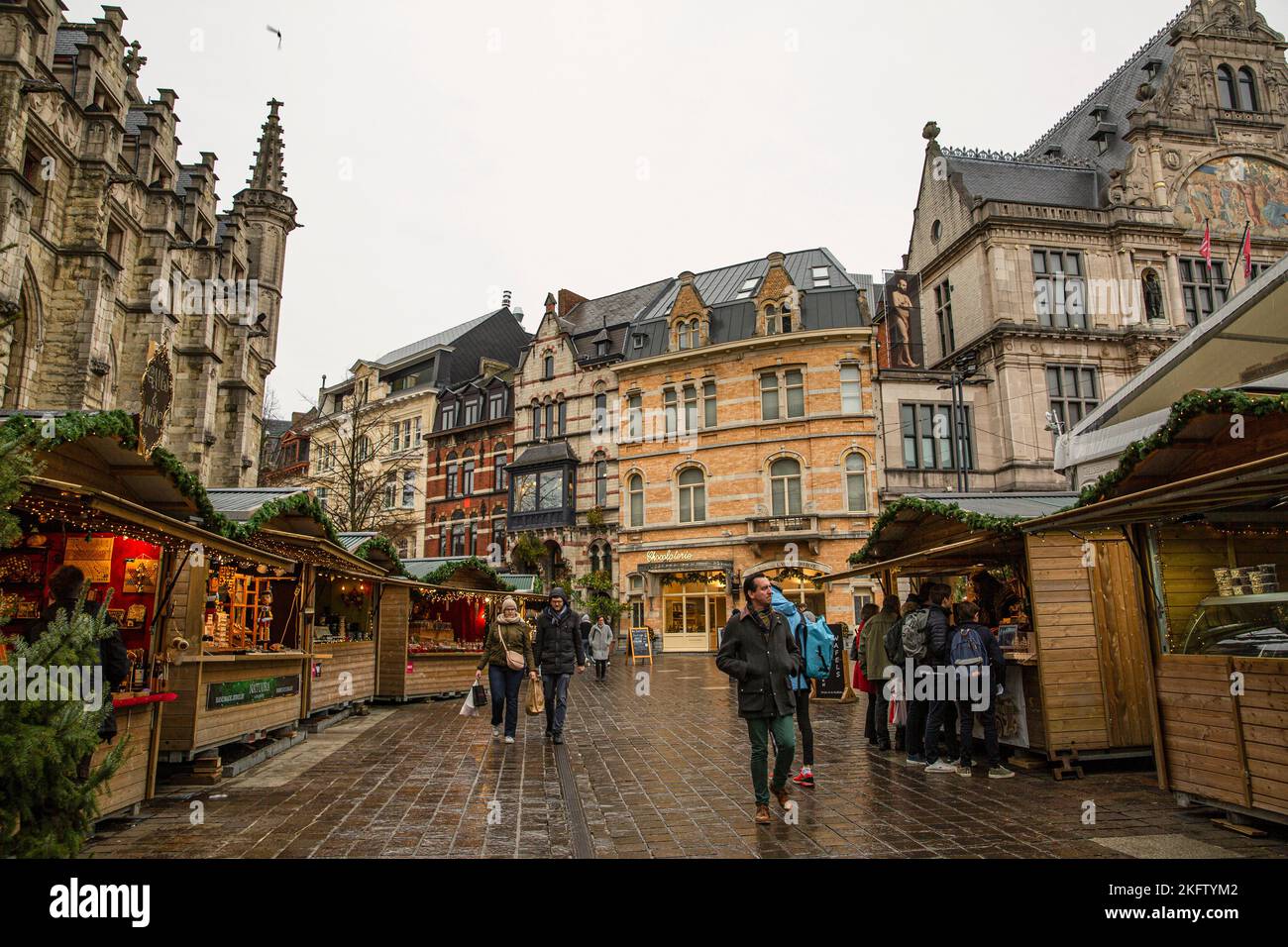 16 December 2019, Ghent, Belgium. Christmas fair in the old town ...