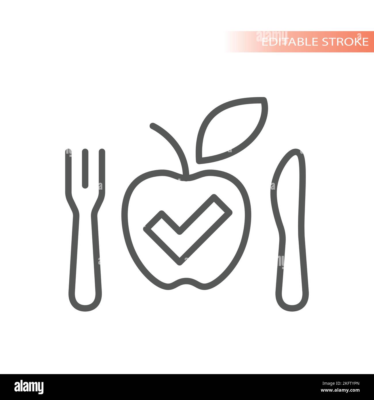 Apple and checkmark with fork and knife line vector icon. Healthy ...