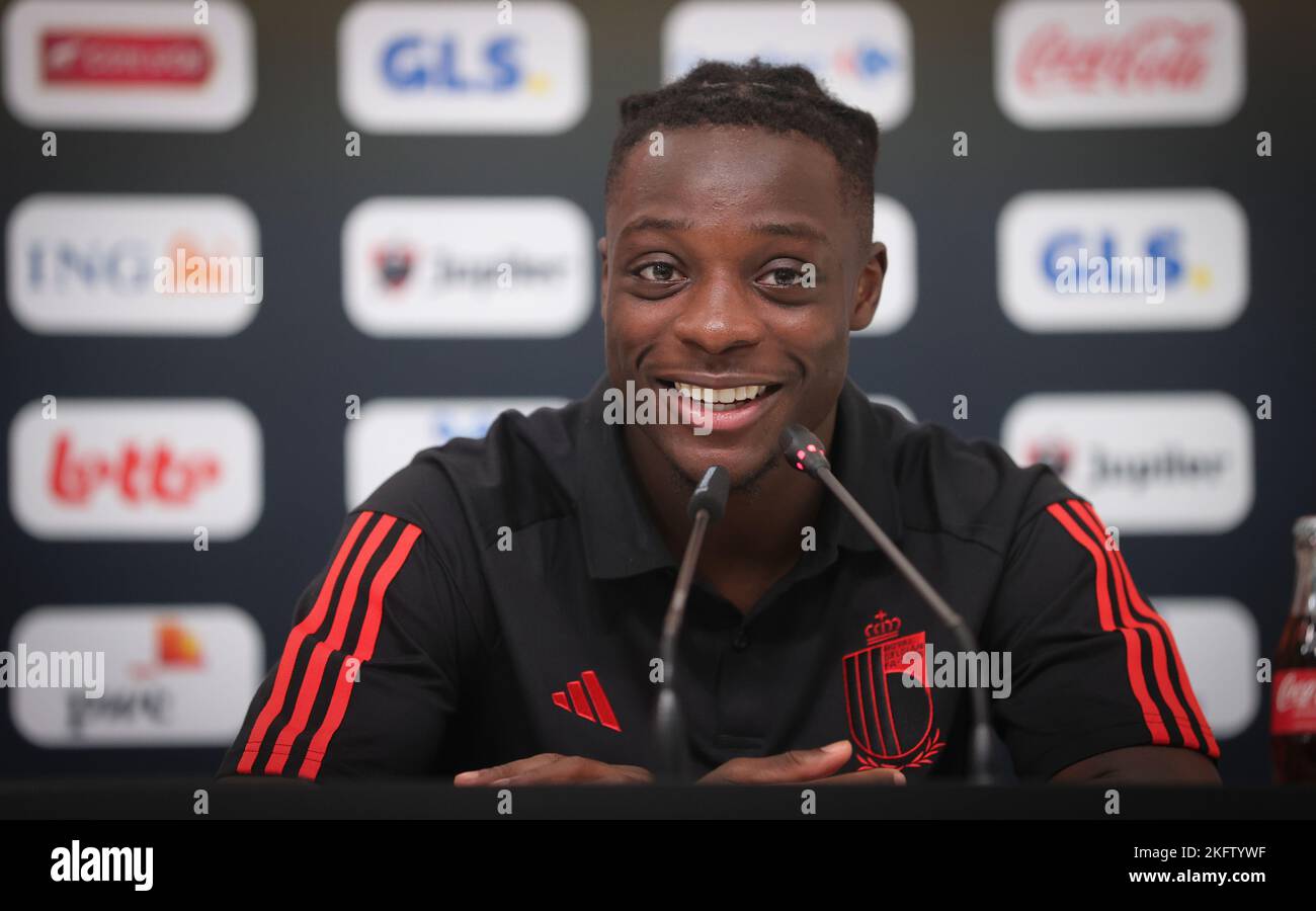 Belgium's Jeremy Doku pictured during a press conference of the Belgian ...
