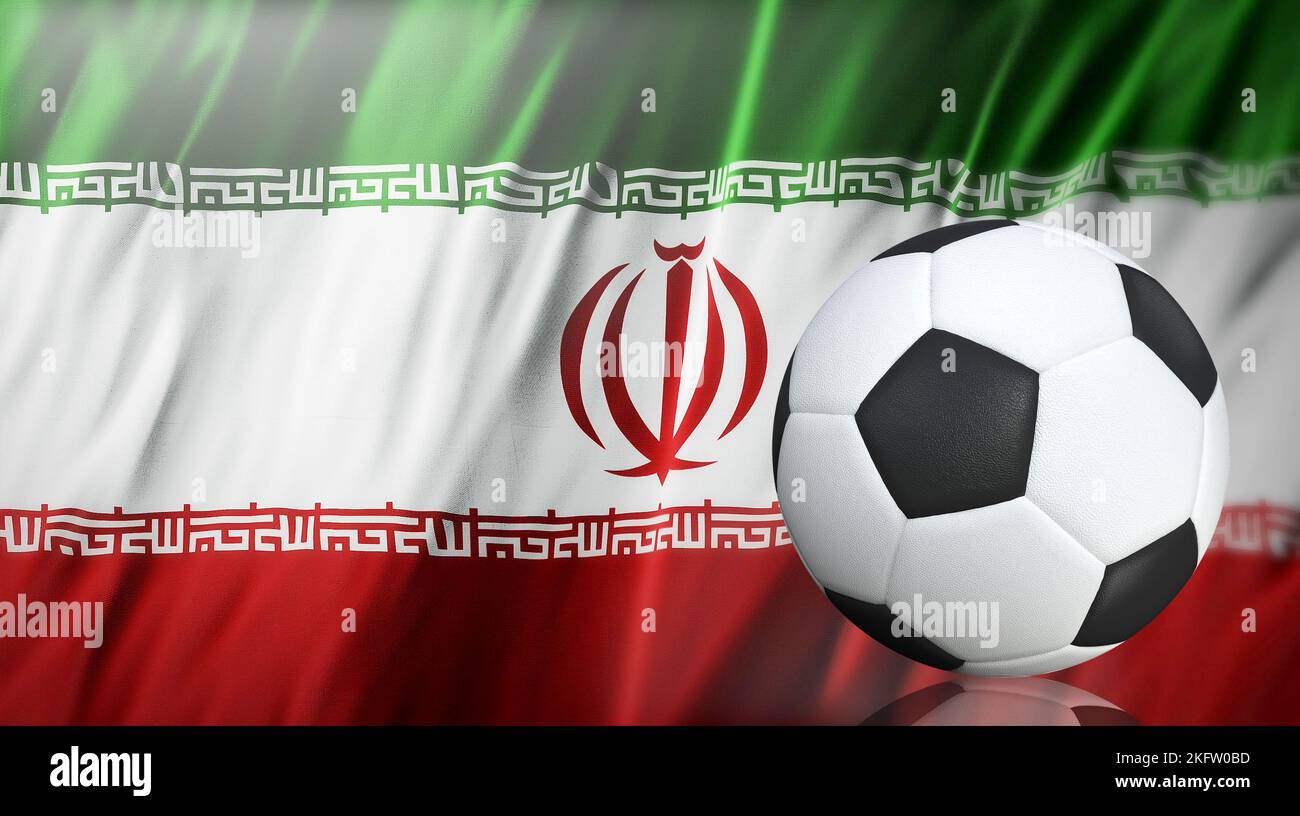 Soccer ball on the background of the flag of Iran, 3D Rendering Stock ...