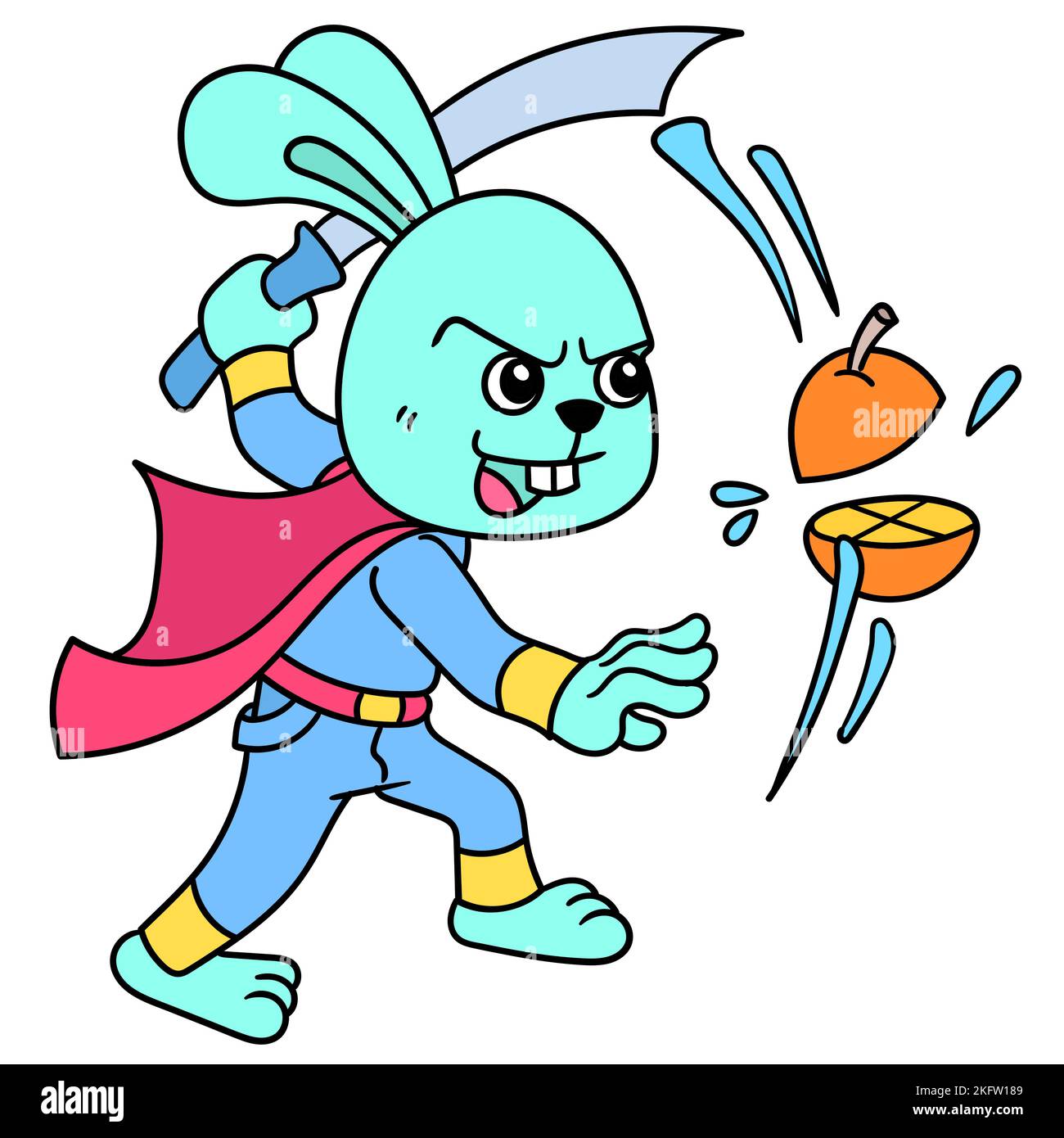 A digital illustration of a cute cartoon blue rabbit ninja character ...