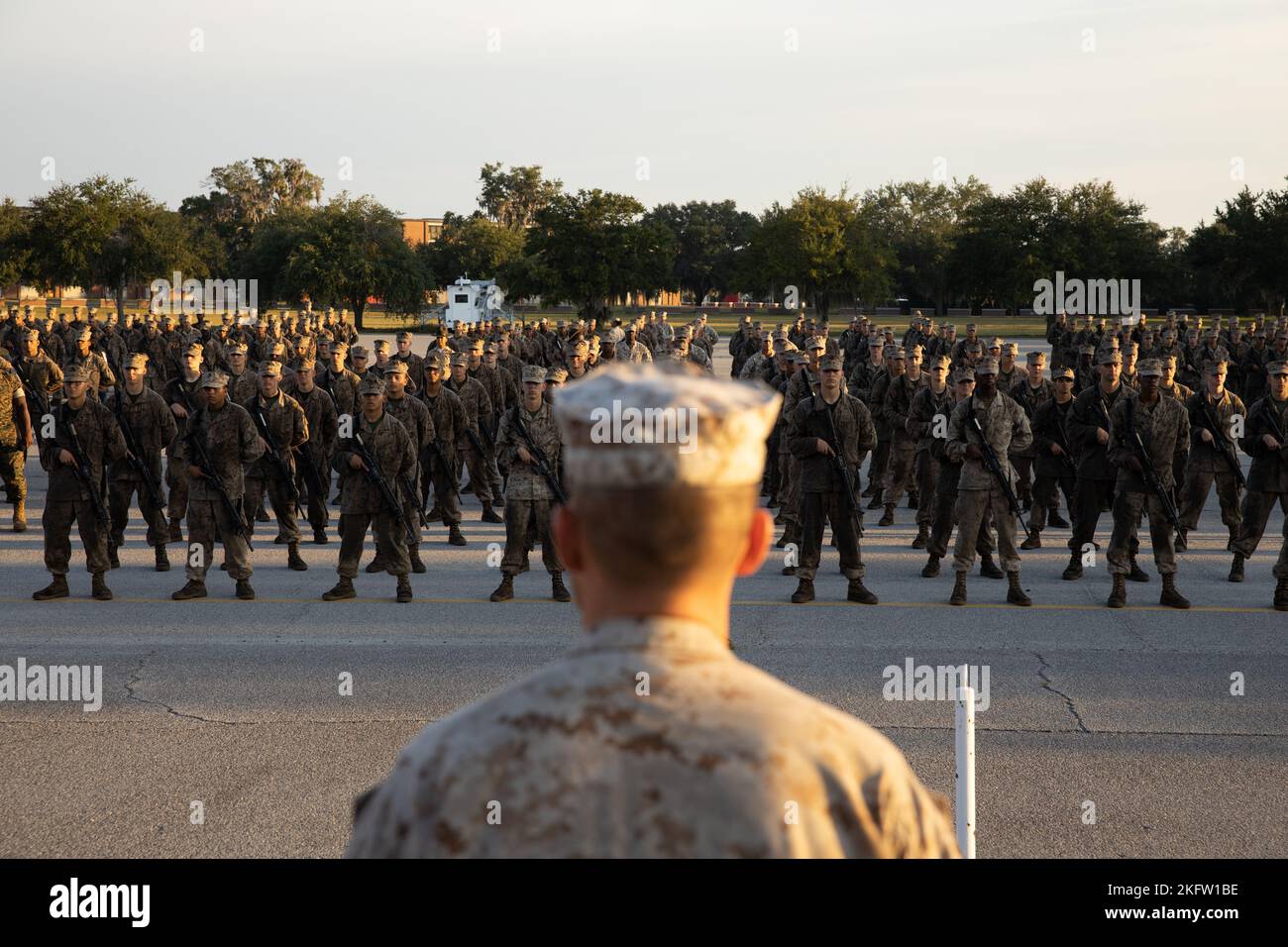 U.S. Marines with Fox Company, 2nd Recruit Training Battalion, await ...