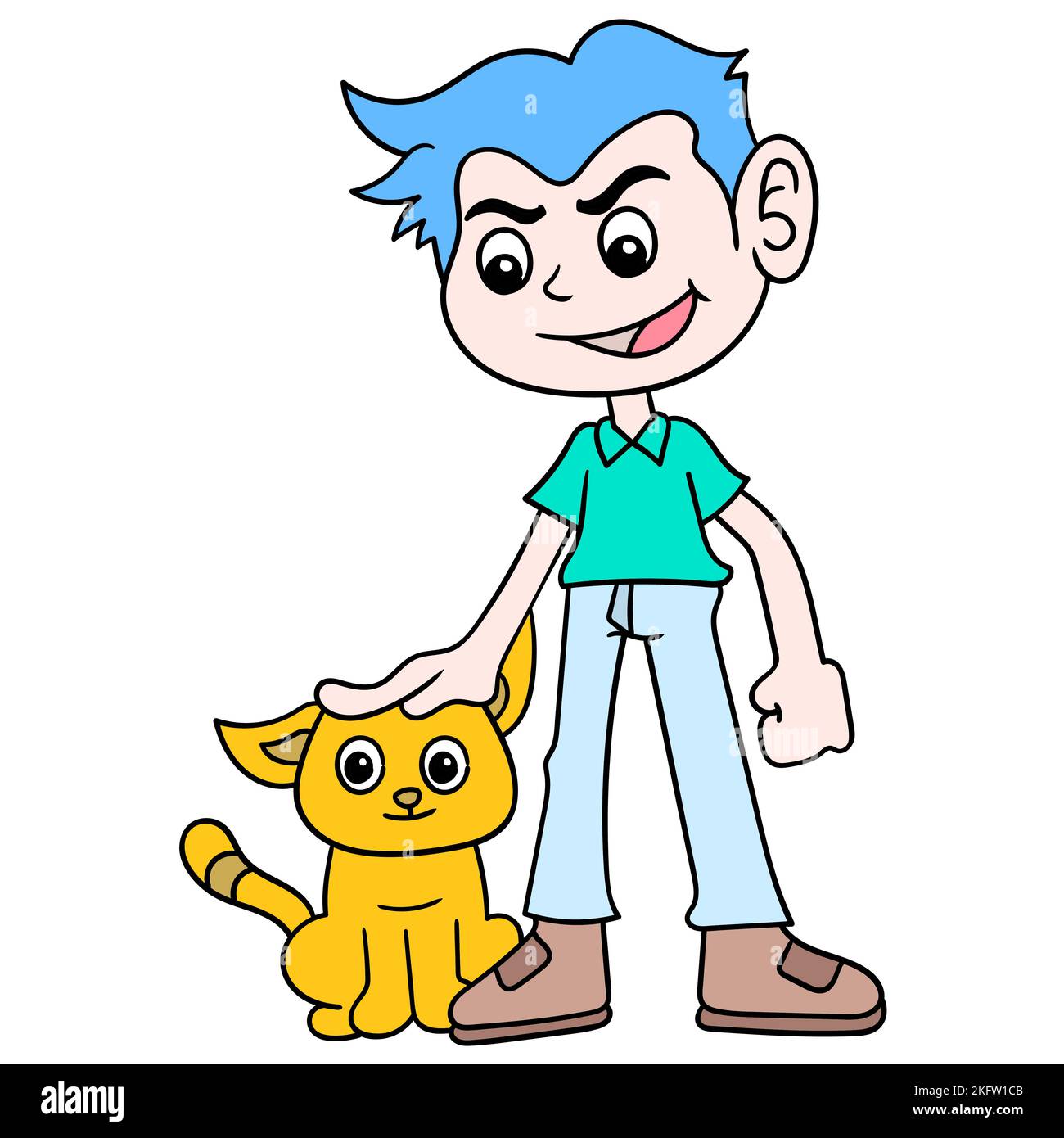A digital illustration of a cute cartoon boy character petting an ...