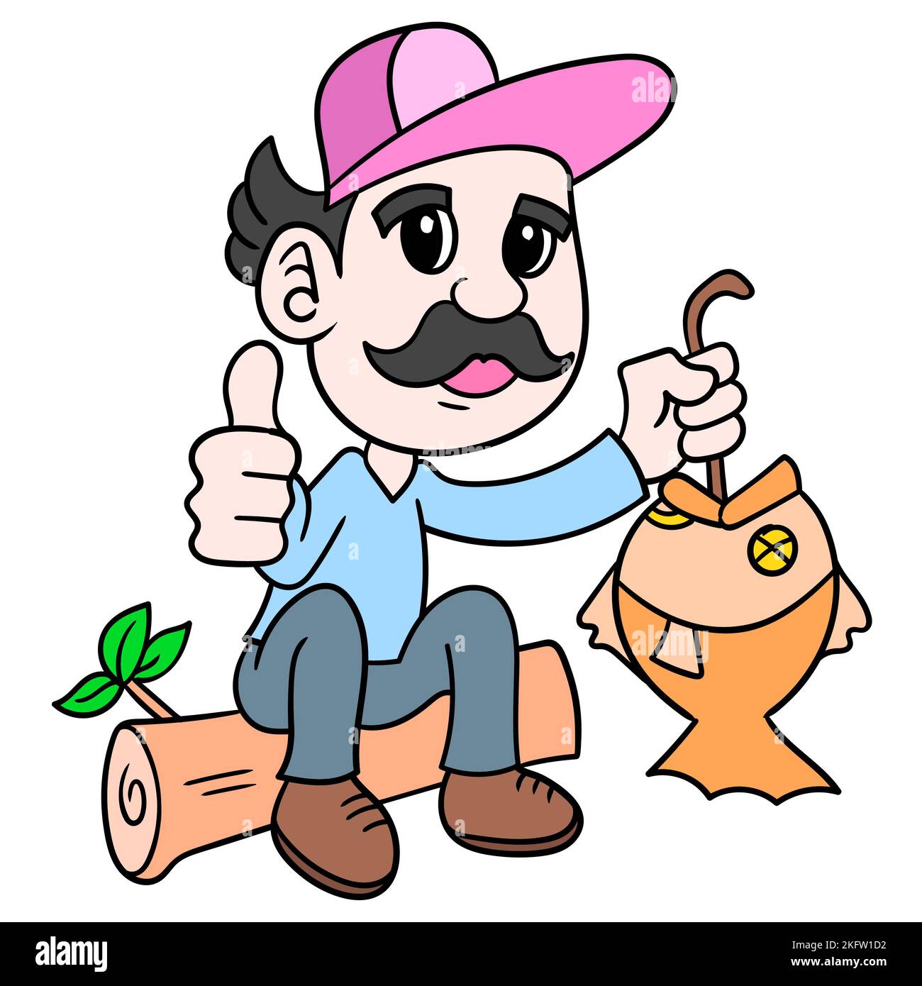 A digital illustration of a cute cartoon man character with a caught ...