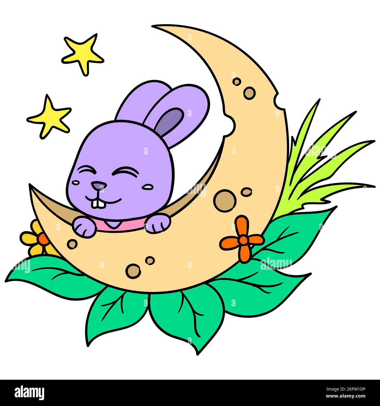 A digital illustration of a cute cartoon purple bunny character on a ...