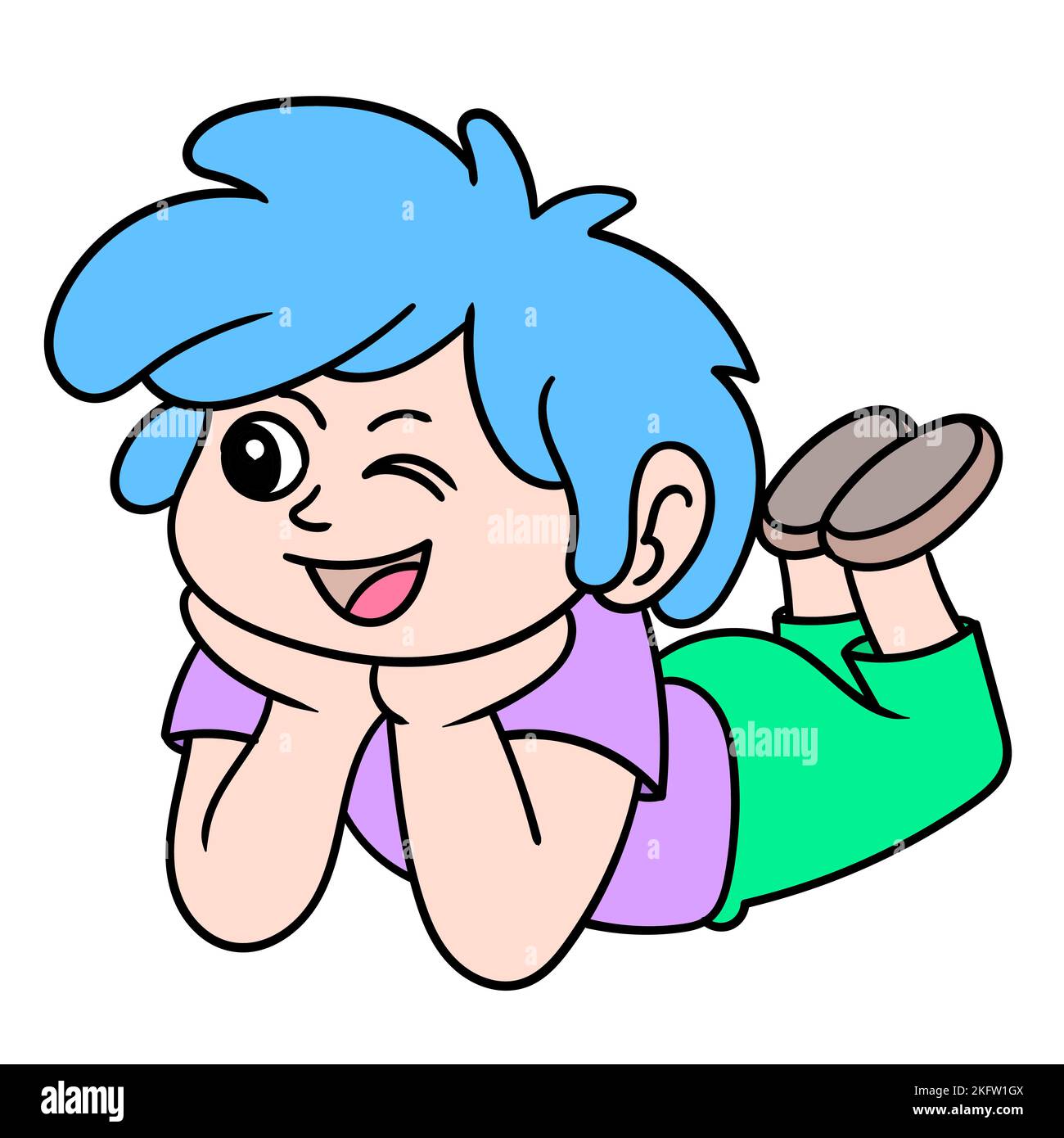 A digital illustration of a cute cartoon boy character with blue hair ...