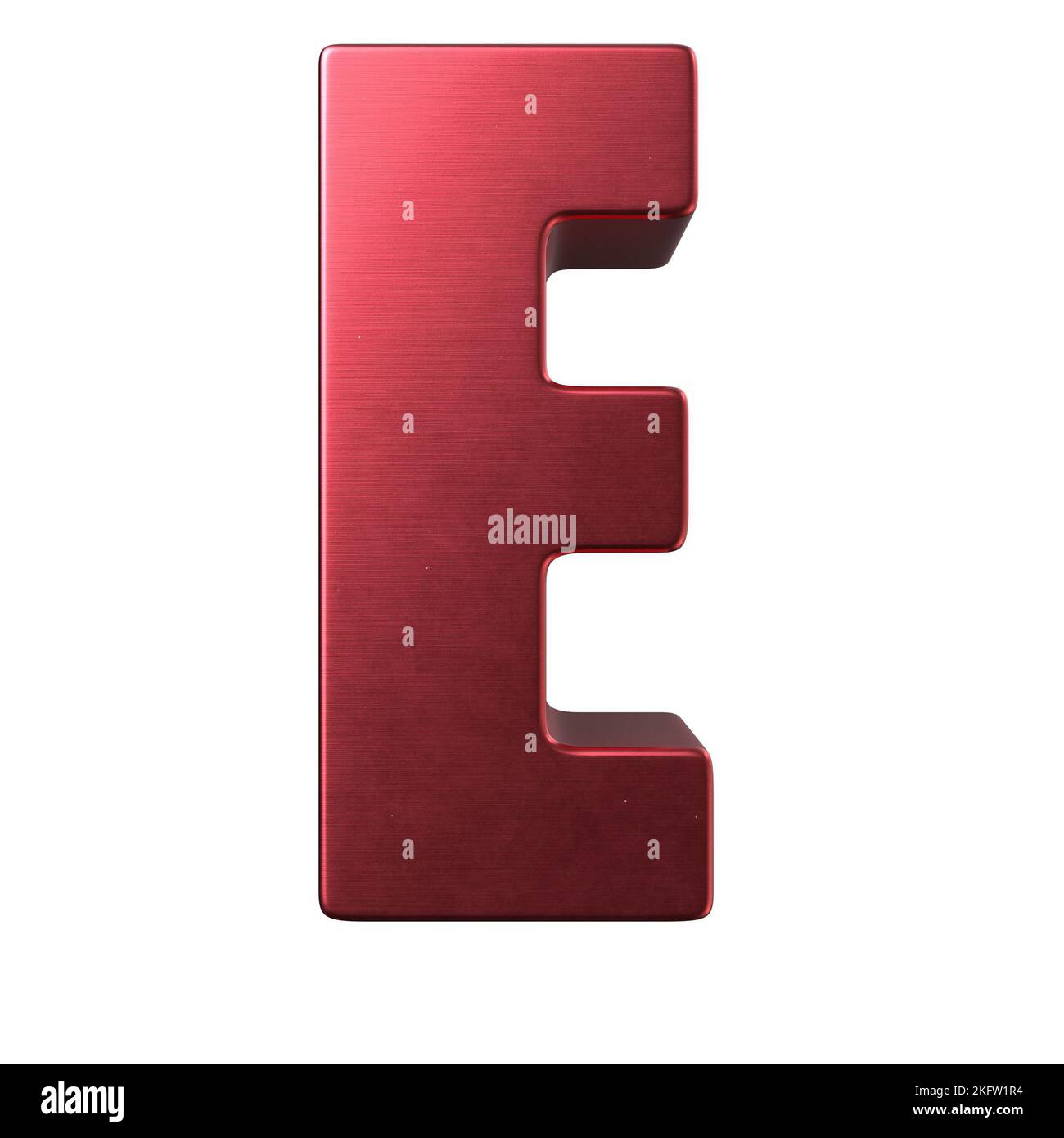 The 3D rendered red metallic E letter isolated on the white background ...