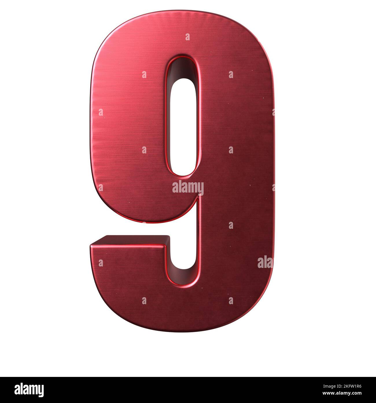 The 3D rendered red metallic 9 number isolated on the white background ...