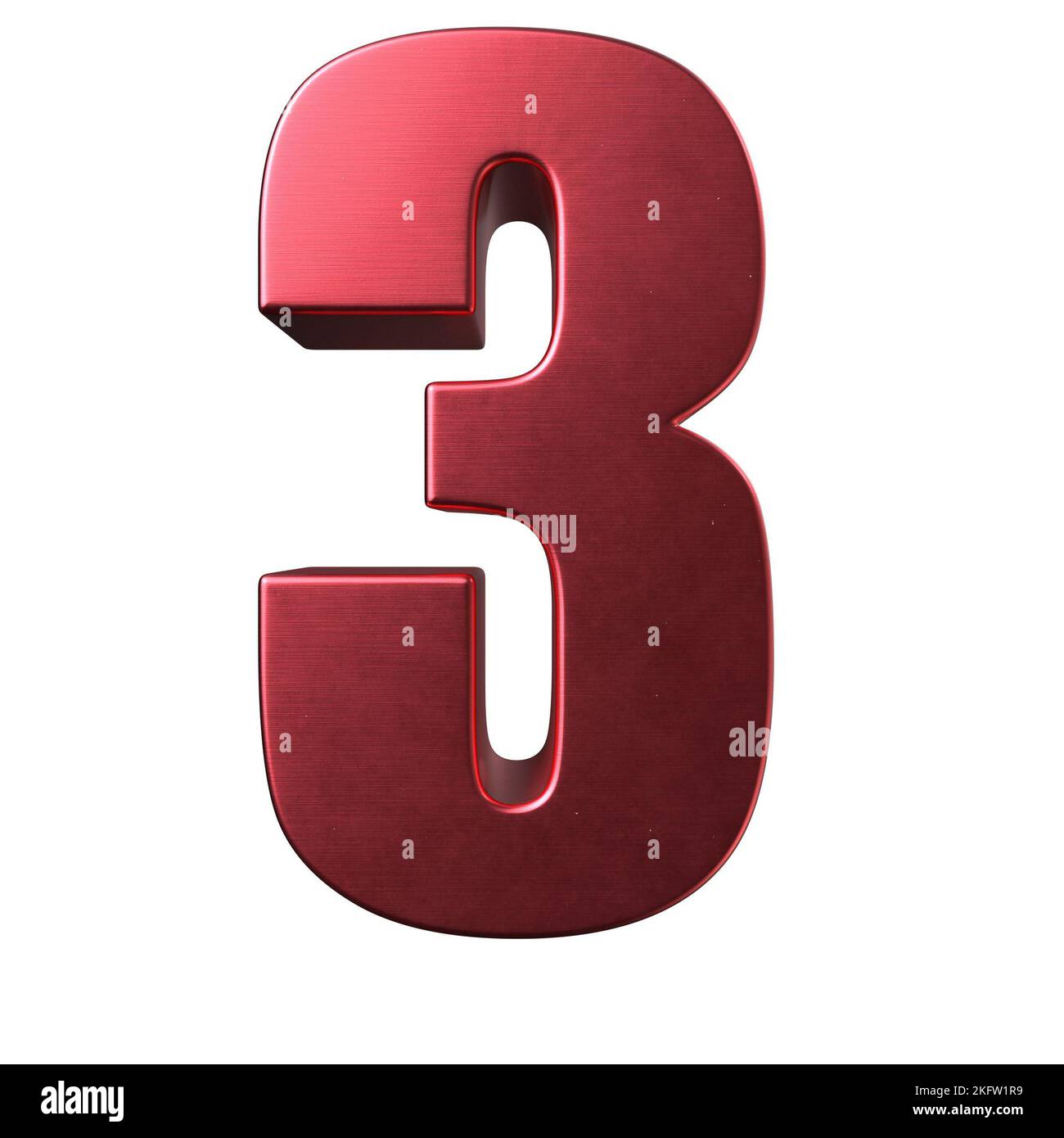 The 3D rendered red metallic 3 number isolated on the white background ...