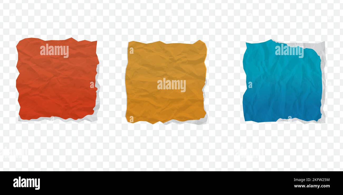 A set of colorful crumbled note papers on the transparent background ...