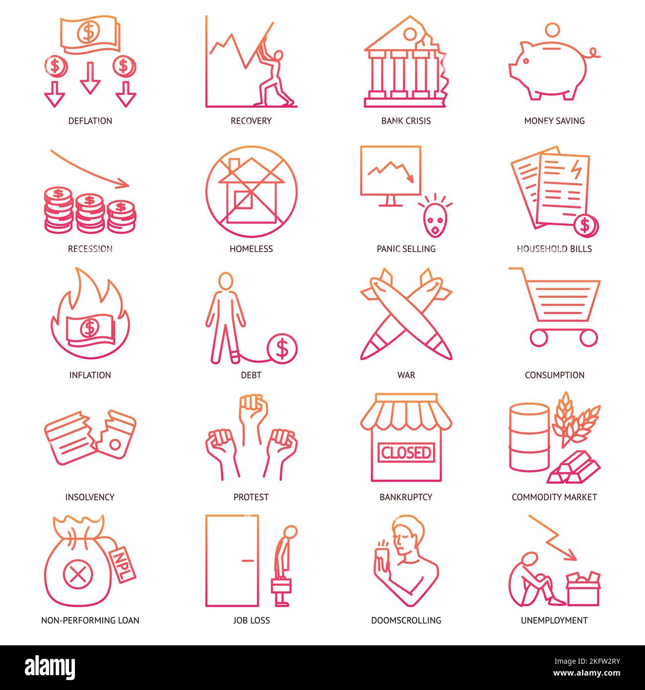 Financial crisis icon set in line style. Economics problems and crash ...