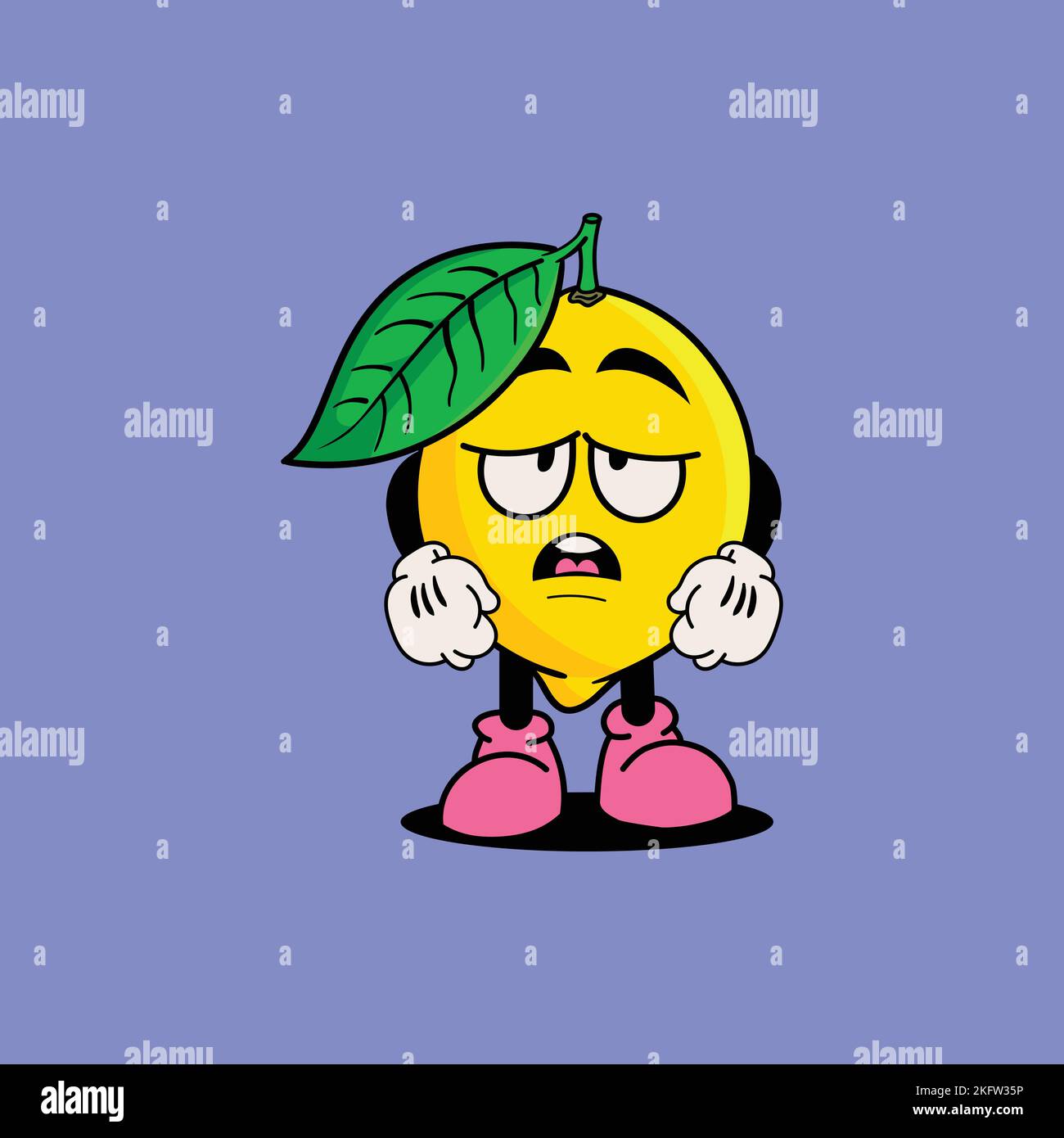 A sad lemon cartoon with green leaf isolated on a purple background ...