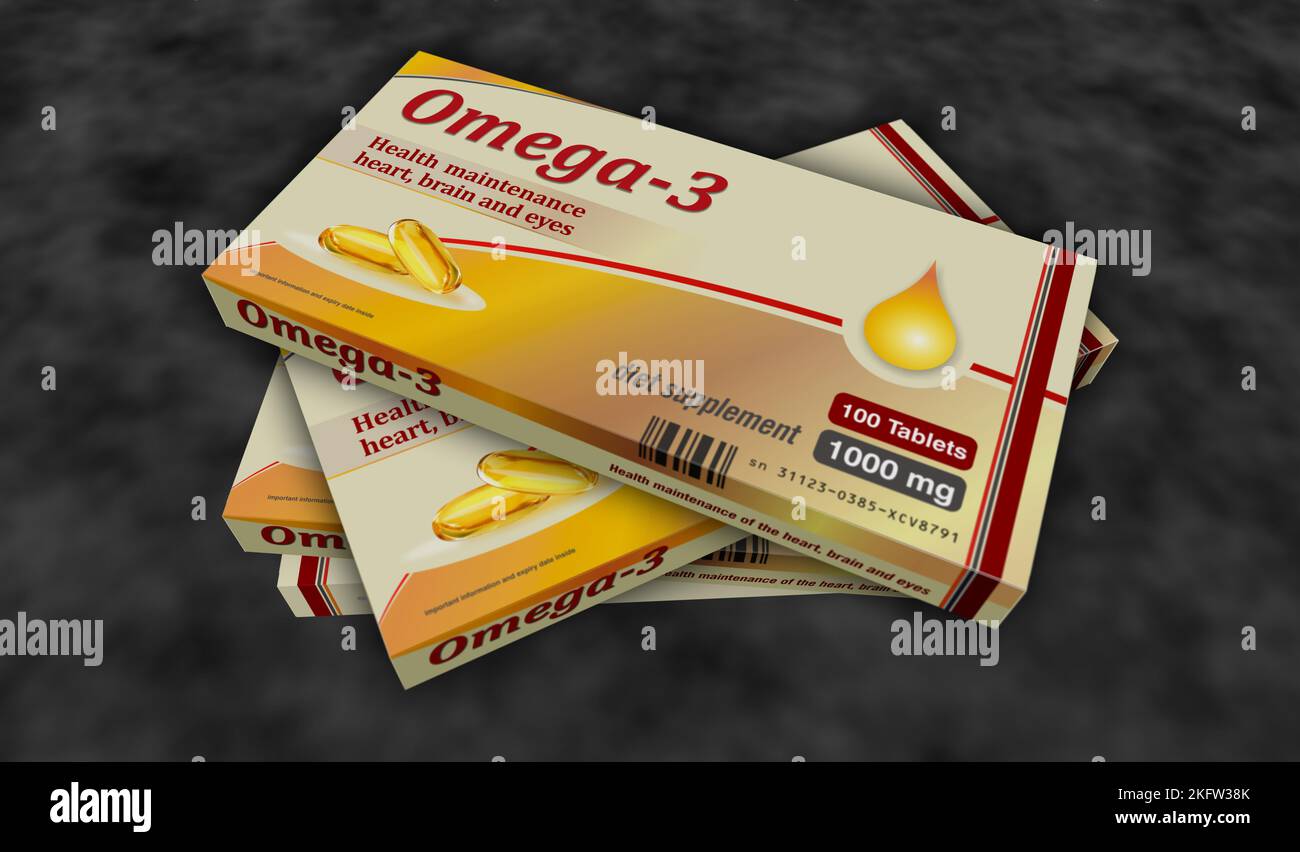 Omega 3 oil tablets box production line. Healthy nutrition and diet ...