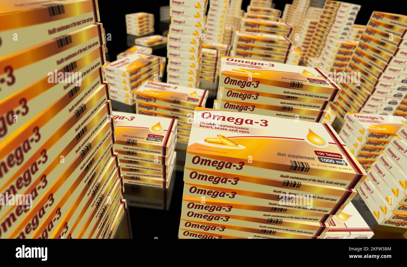 Omega 3 oil tablets box production line. Healthy nutrition and diet supplement pills pack ...