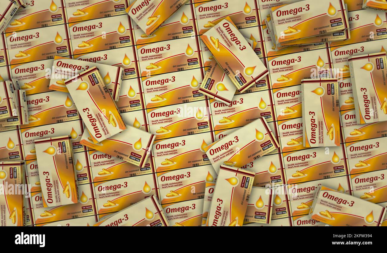 Omega 3 oil tablets box production line. Healthy nutrition and diet ...