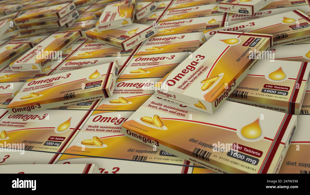 Omega 3 oil tablets box production line. Healthy nutrition and diet ...