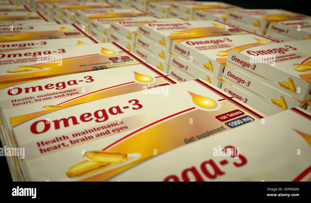 Omega 3 oil tablets box production line. Healthy nutrition and diet ...