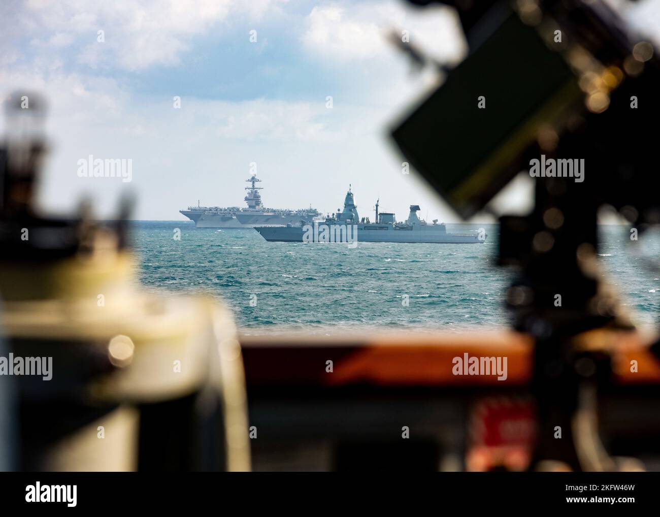 The German Sachsen-class frigate FGS Hessen (F221) steams in formation ...