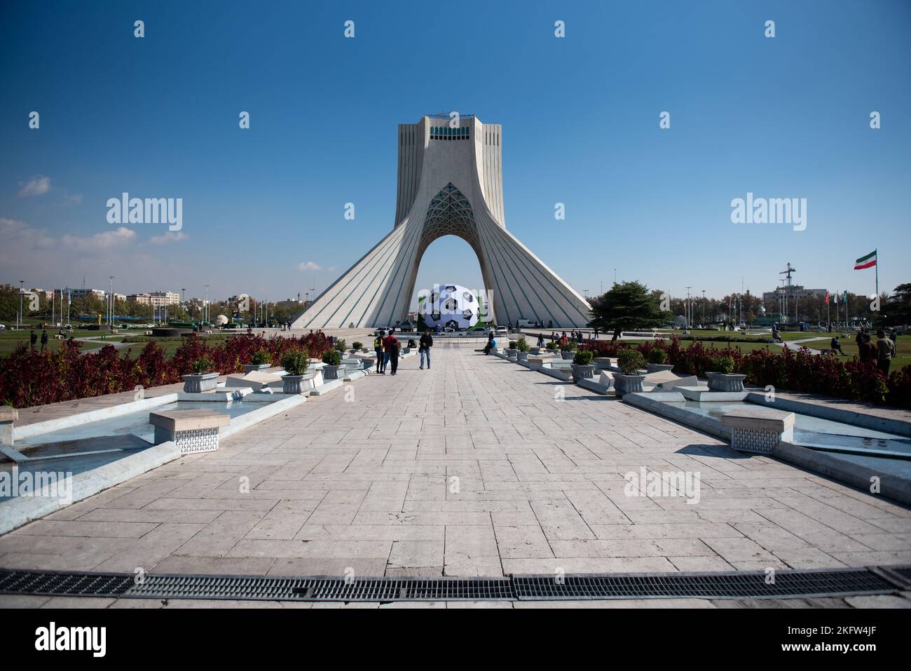 Tehran, Iran. 18th Nov, 2022. Sculpture of a soccer ball is placed next ...