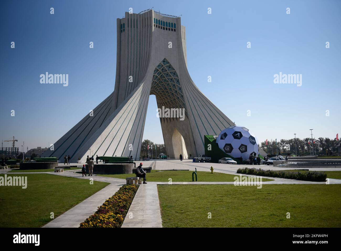 Tehran, Iran. 18th Nov, 2022. Sculpture of a soccer ball is placed next ...