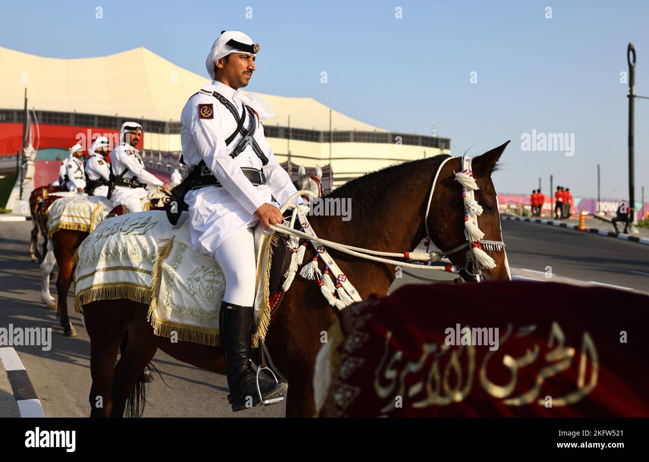 Doha, Qatar, Picture date: 20th November 2022. Mounted police outside ...