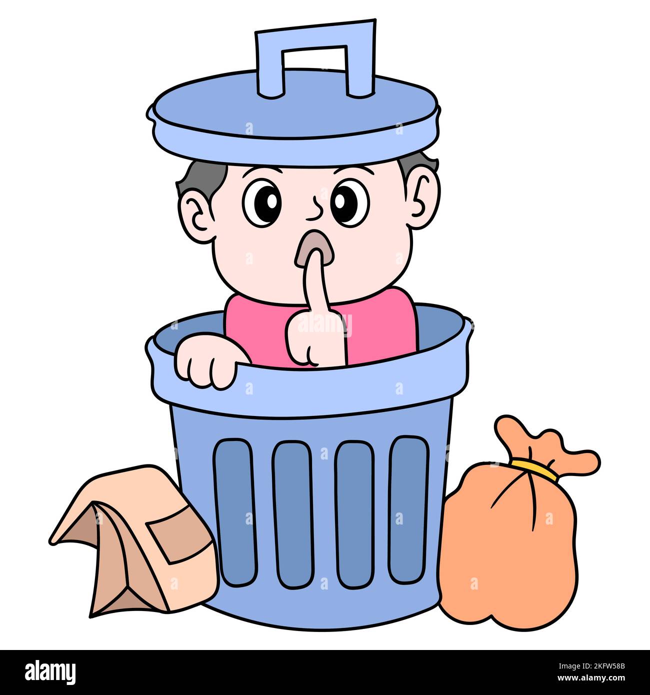 A cute boy in a trash can cartoon character isolated on the white ...