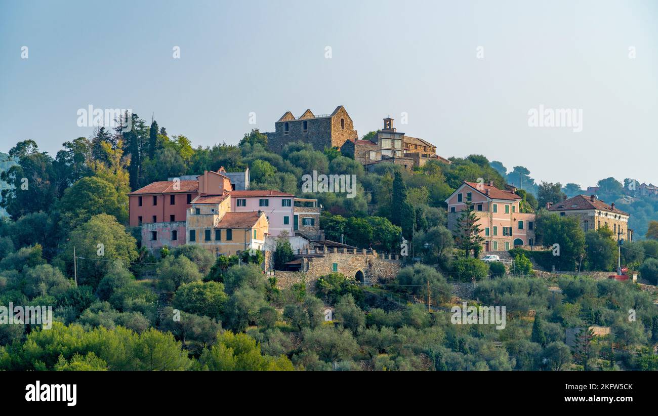 Idyllic small village on a mountain top seen in Italy Stock Photo - Alamy