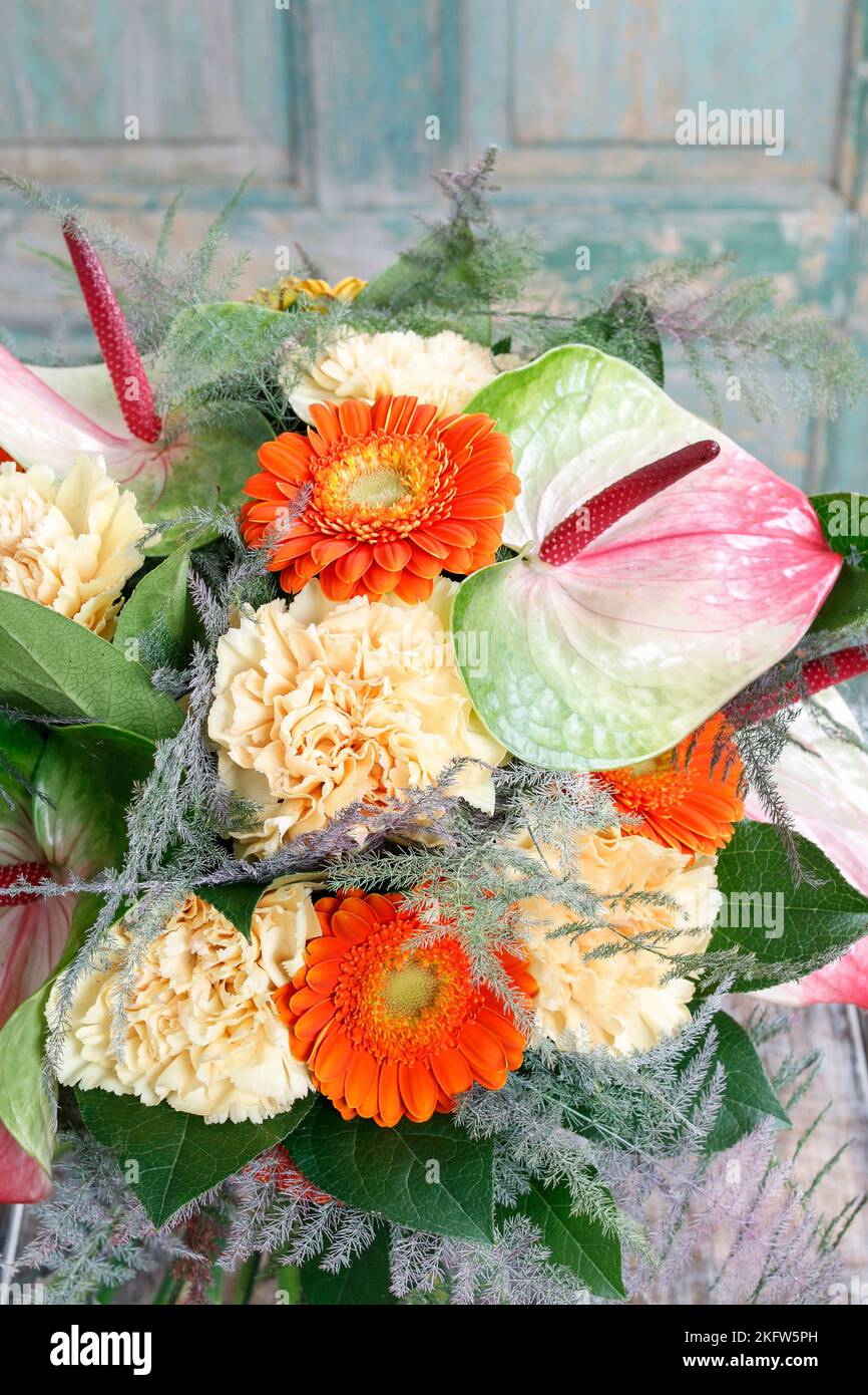 Flower background with gerbera and carnation flowers. Party decor Stock ...