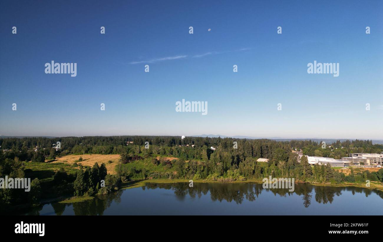 An aerial view of a lake surrounded by trees and their reflection in ...