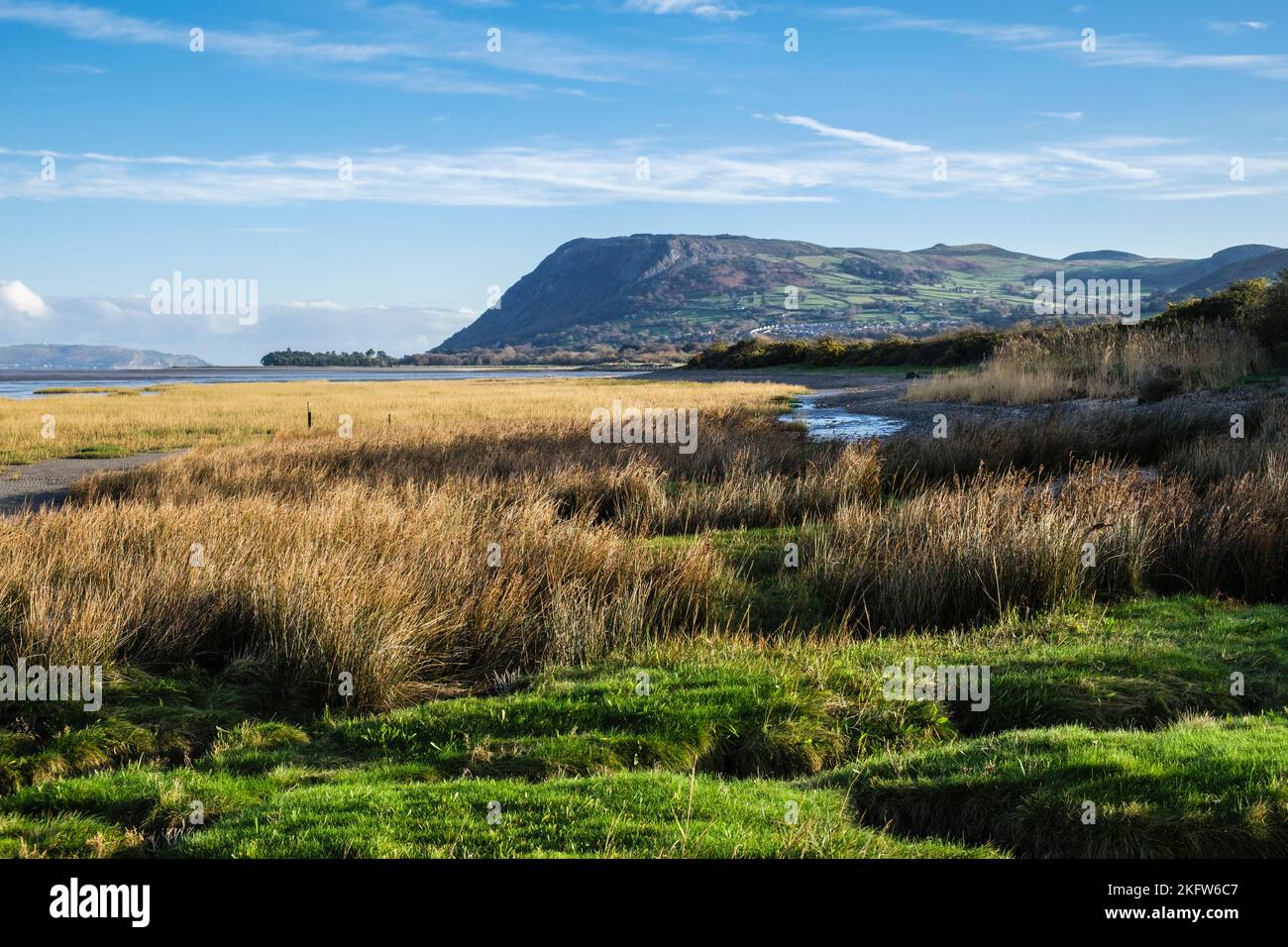 View to Llanfairfechan across saltmarsh along the coast path from ...