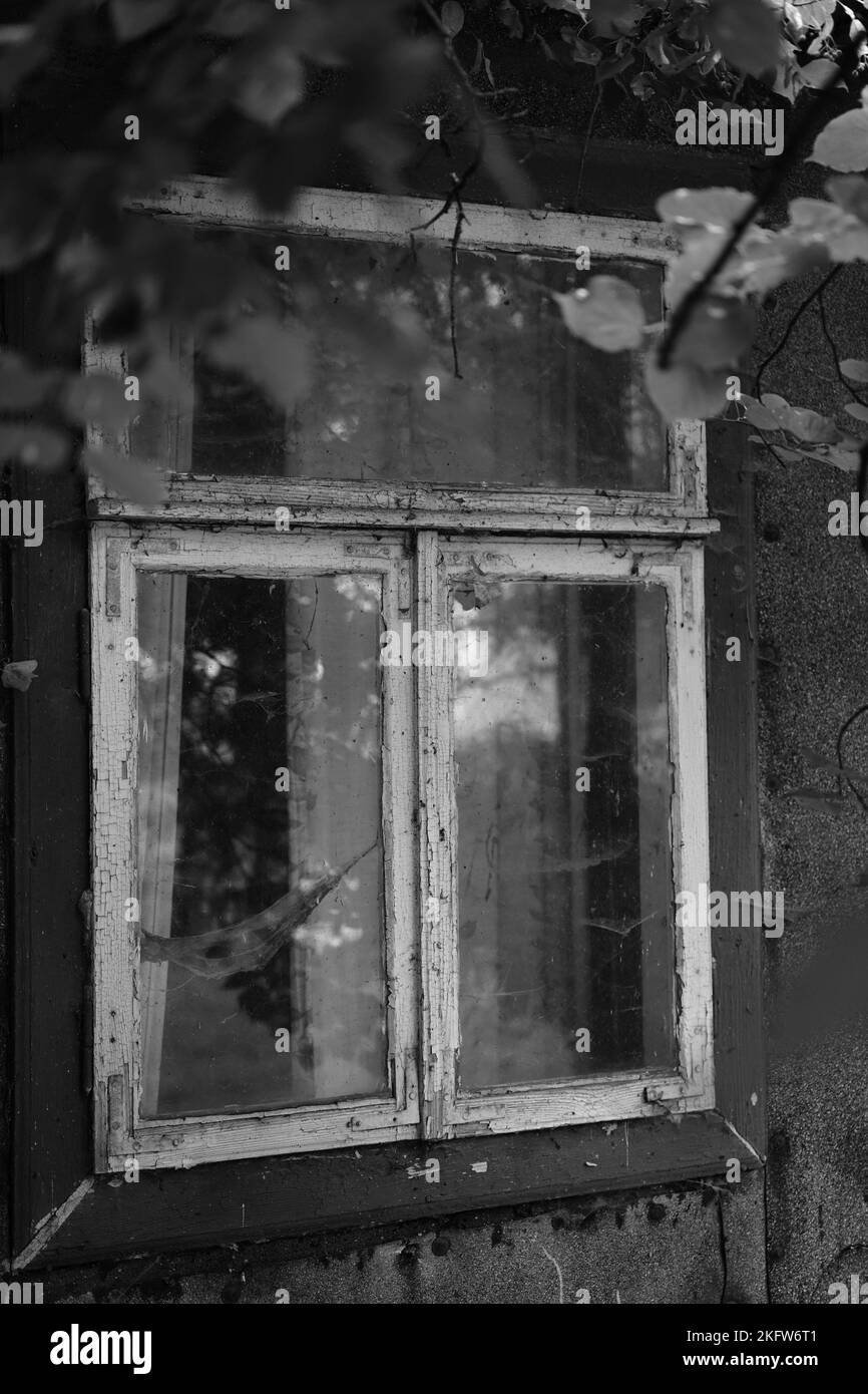 Black and white photography of window in old abandoned house Stock ...