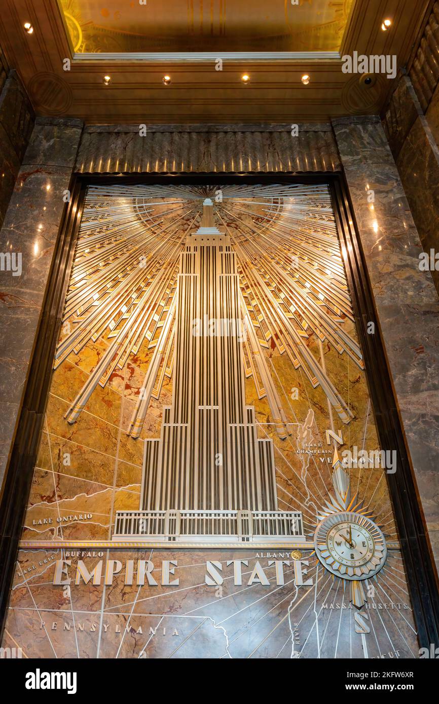 New York, SEP 13 2014 - Interior view of the logo of Empire State ...