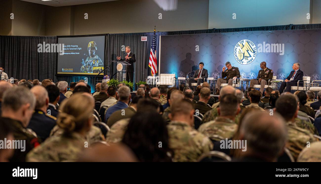 Retired Gen. David Perkins as the moderator; Gen. James Rainey, Army Futures Command commander ...