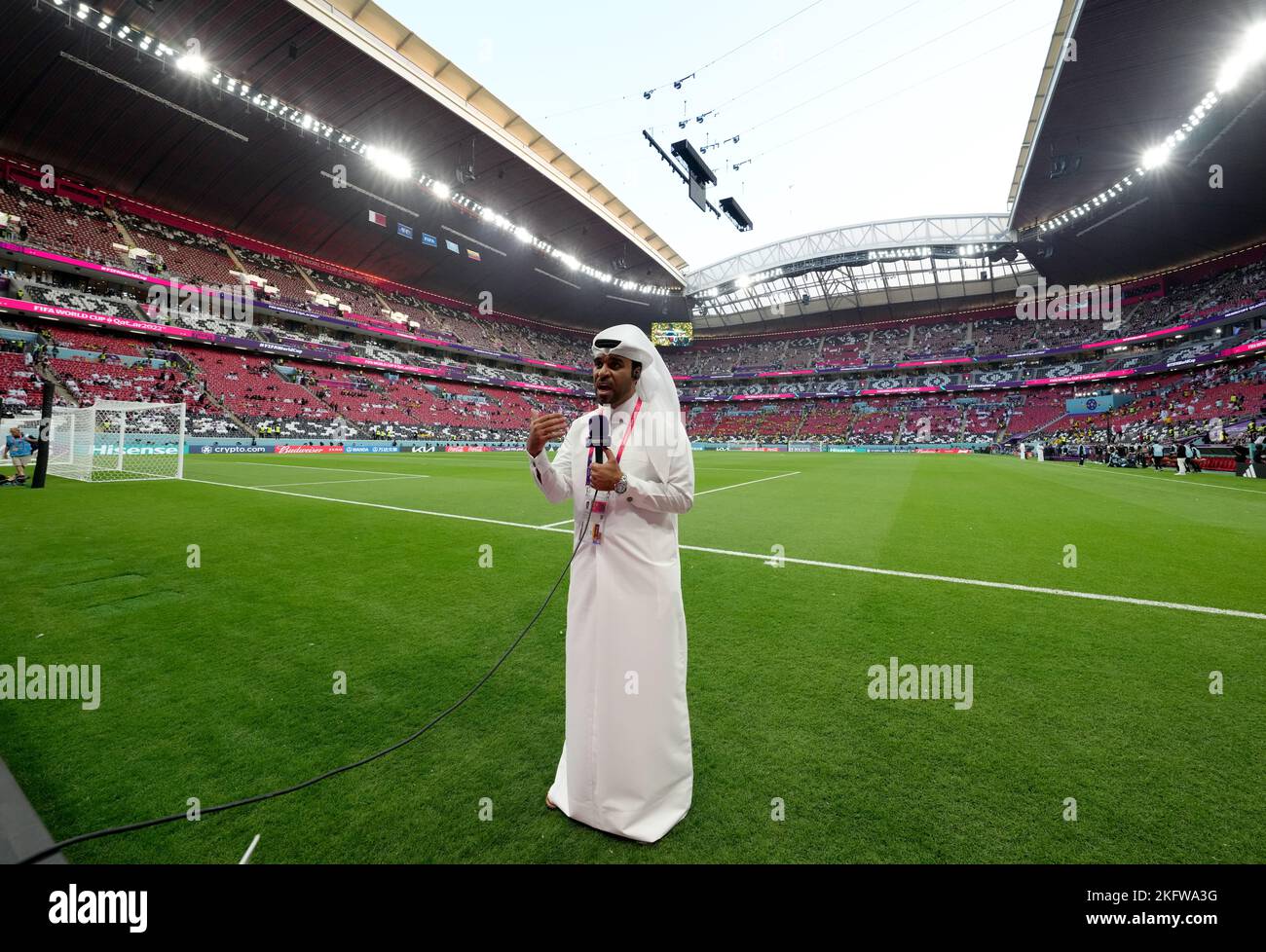 Bien Sports presenter Hashim Al-Sada speaks as the stadium begins to ...