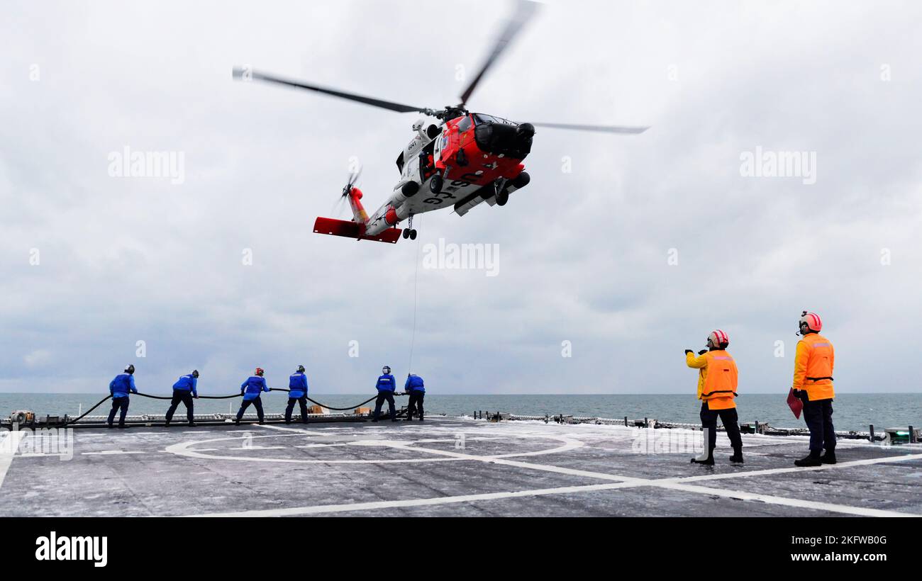 Crew members aboard USCGC Stratton (WMSL 752) conduct flight operations ...