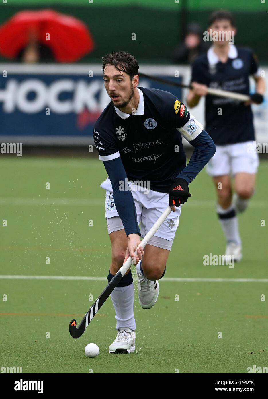 Gantoise's Antoine Kina controls the ball during a hockey game between ...