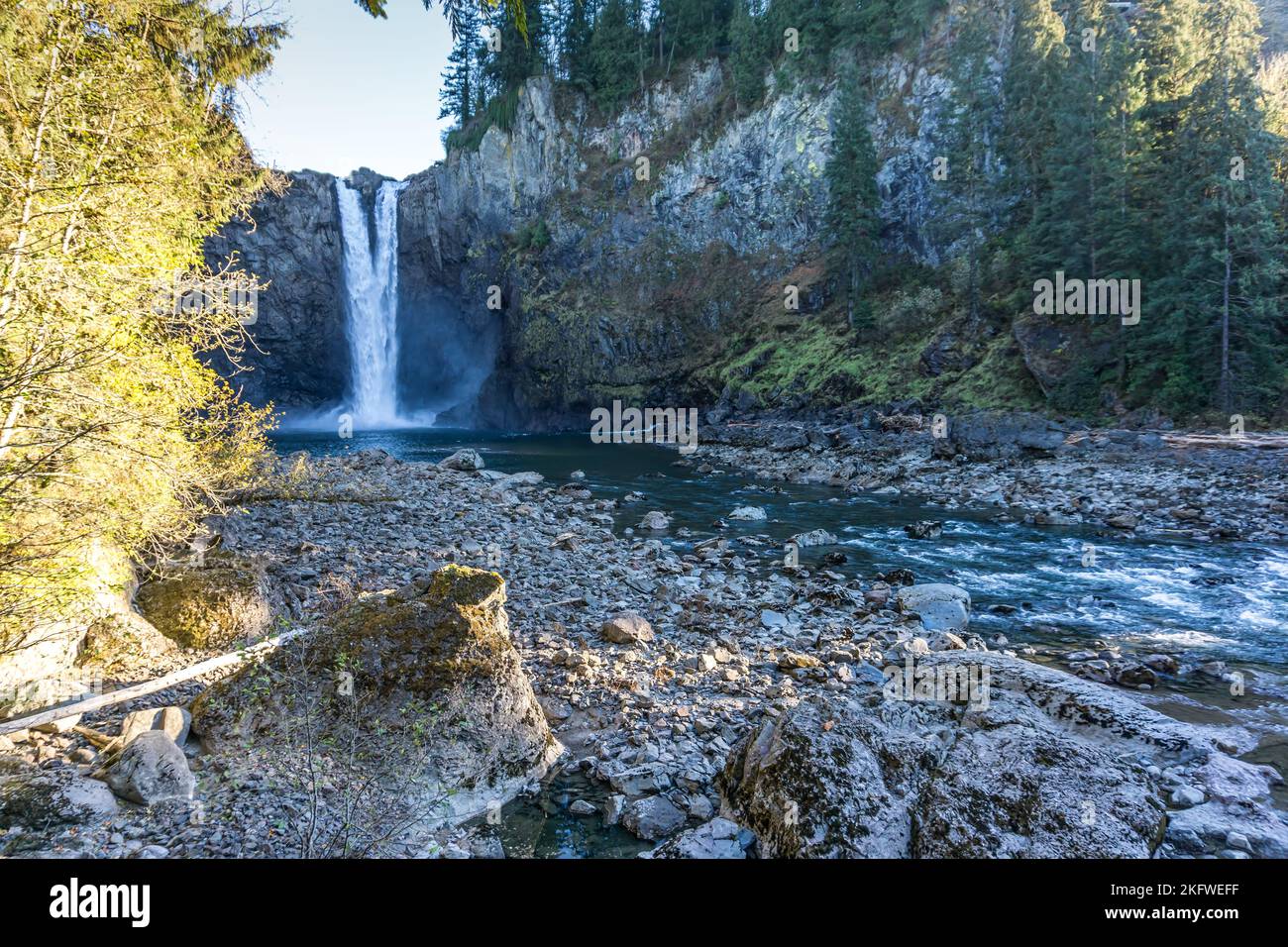 A view of Snoaualmie Falls in Washington State from down river Stock ...