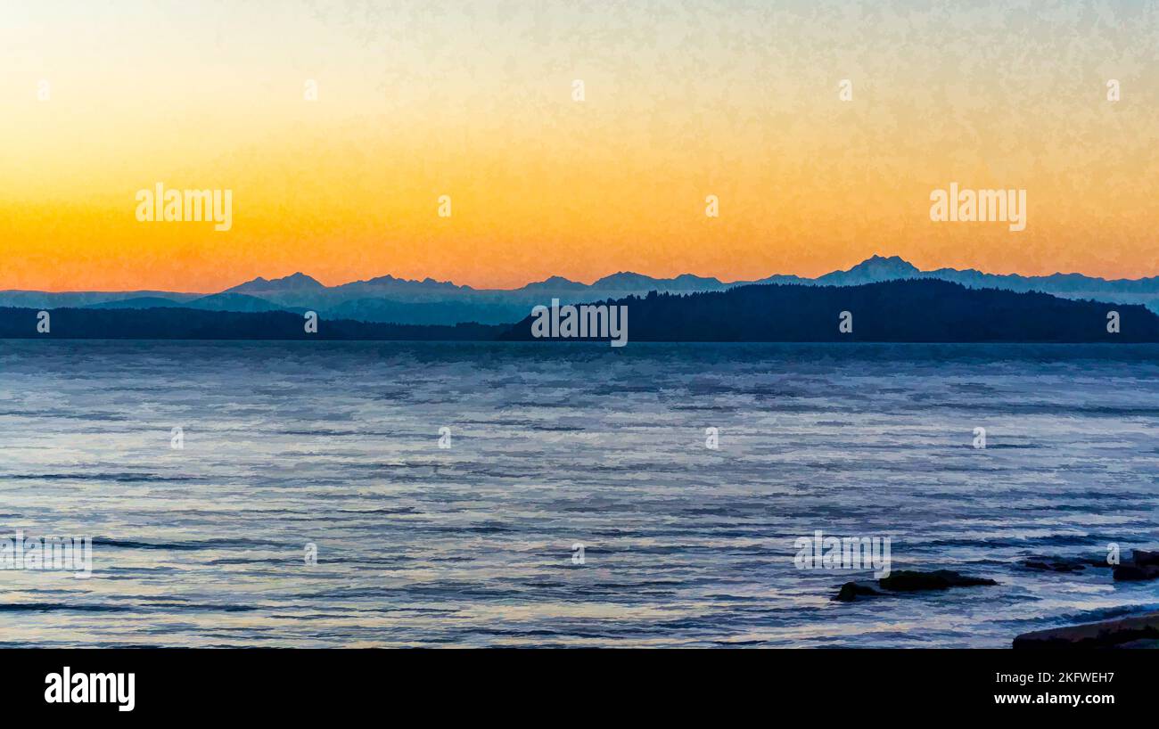 Sunset behind the Olumpic Mountains across the Puget Sound Stock Photo ...