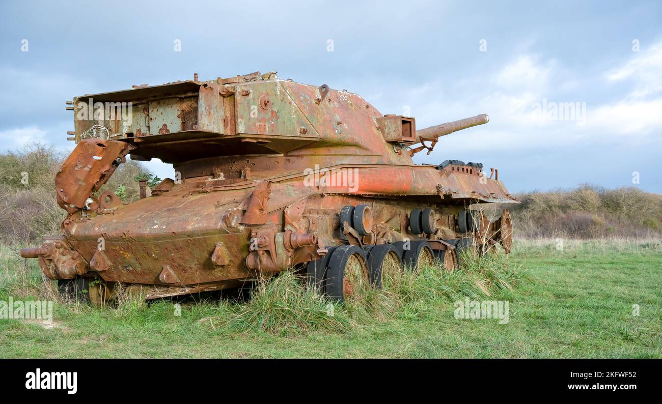 an abandoned rusting British FV4201 Chieftain main battle tank wreck in ...