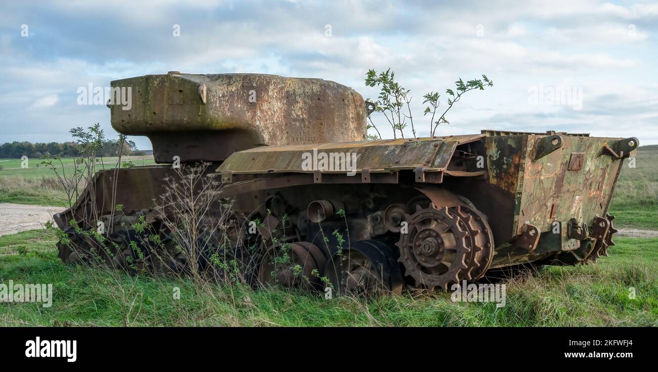 rust covered carcass of an abandoned wrecked rusting British Centurion ...