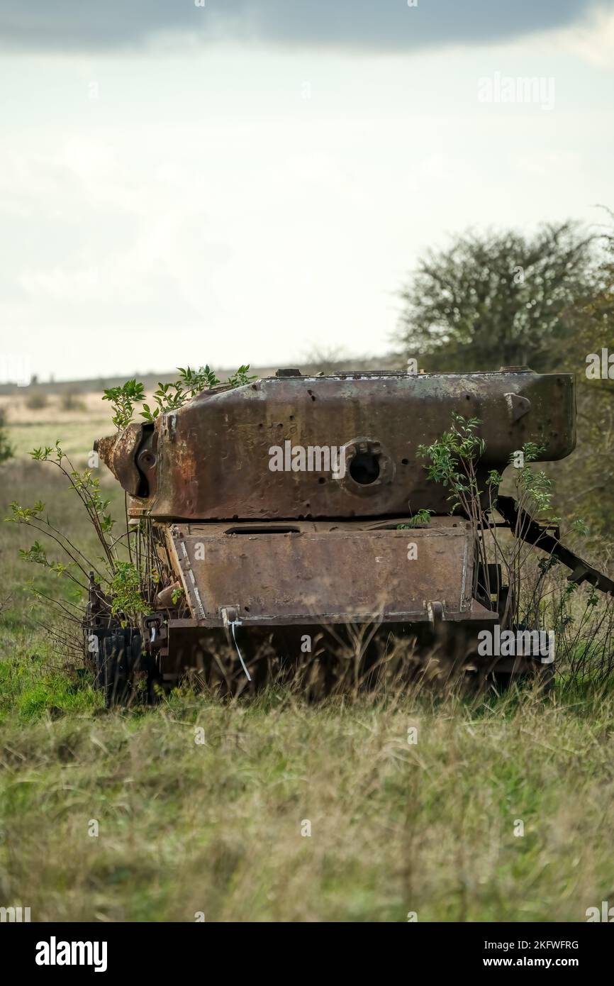 rust covered carcass of an abandoned wrecked rusting British Centurion ...