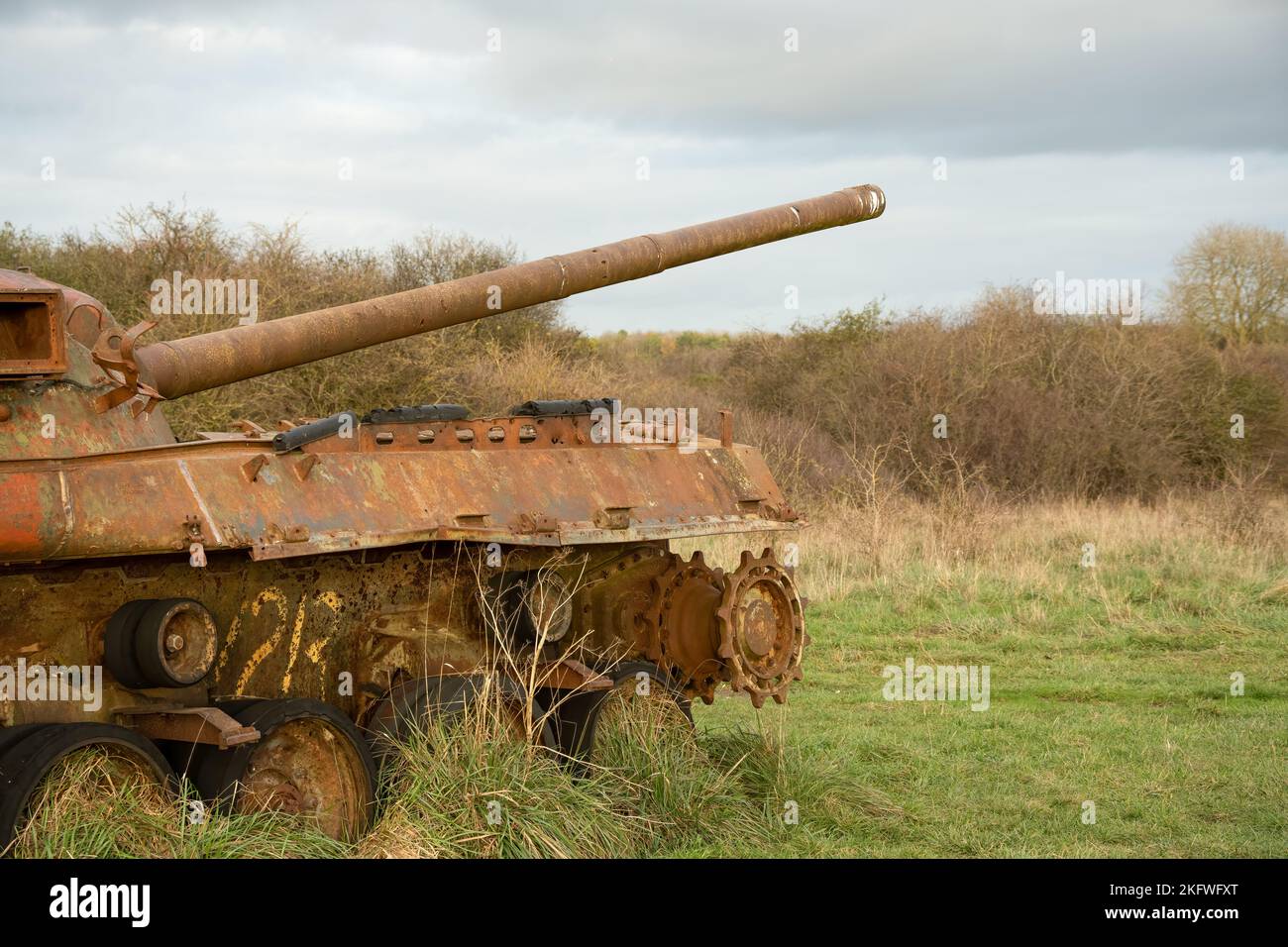 an abandoned rusting British FV4201 Chieftain main battle tank wreck in ...