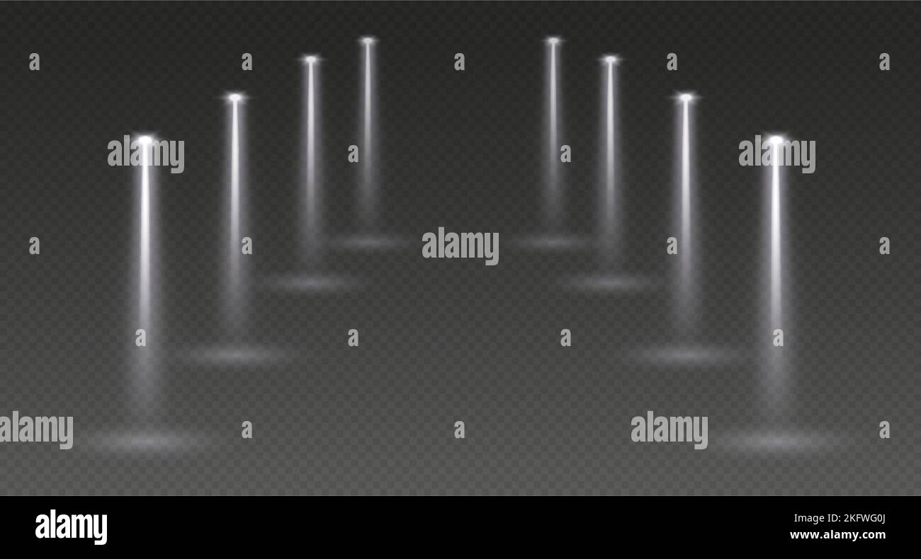 Stage spotlights, realistic light corridor, shiny white beams overlay ...