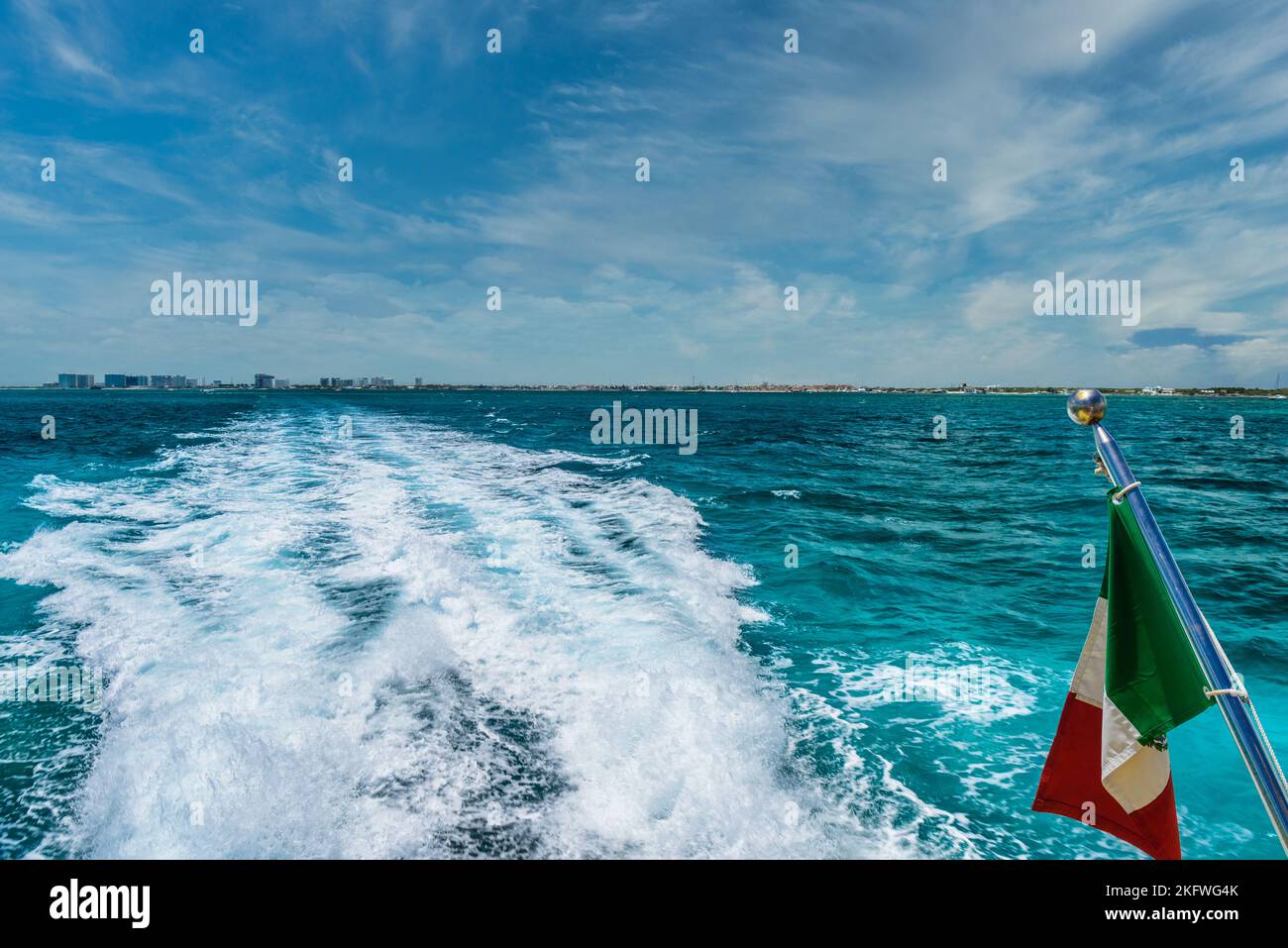 Mexican flag on ship boat ferry in Caribbean ocean near Cancun, Yucatan ...