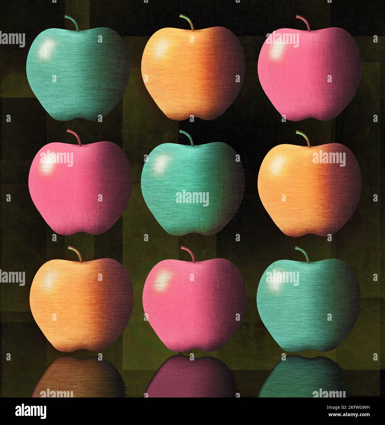 Apples are the subject of this 3-D illustration that includes brilliant ...