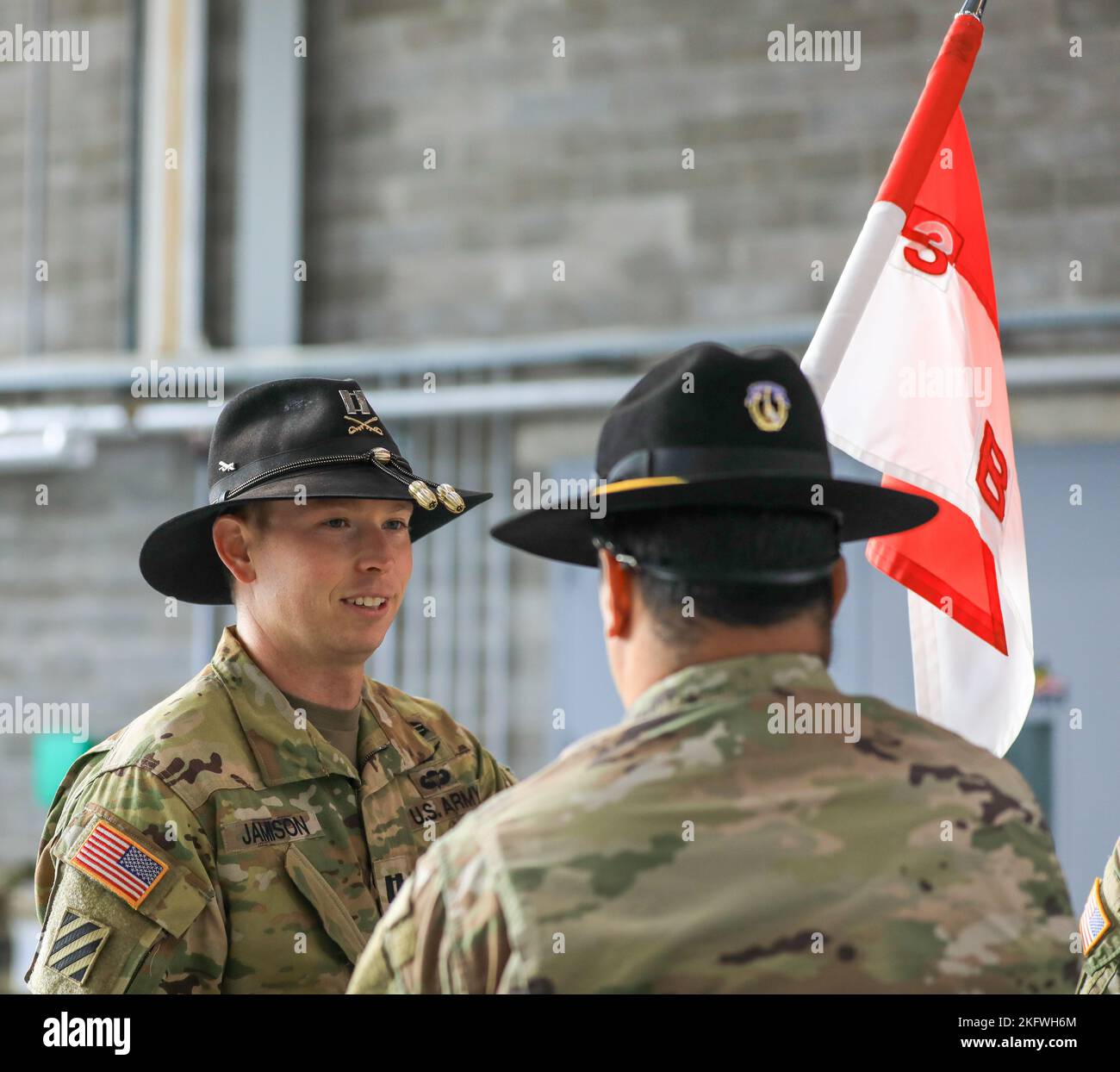 U.S. Army Cpt. Tyler J. Jamison, outgoing commander of Bravo Troop, 3rd Squadron, 6th Cavalry ...